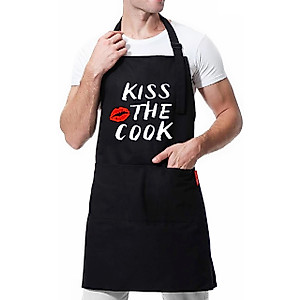 XBPDMWIN Kiss the Cook Apron Men - Funny BBQ Grill Apron for Cooking Enthusiasts - Adjustable Apron with 2 Pockets for Adult/Men/Women (Black)