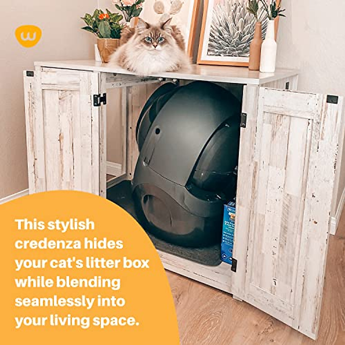 Whisker Litter-Robot Credenza with Litter Box Enclosure, 43.2” W x 28.1” D x 33.1” H - White Plank, Stylish + Durable Hidden Litter Box Furniture, Litter-Robot Not Included