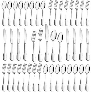 40-Piece Silverware Set for 8, E-far Stainless Steel Flatware Cutlery Set with Design Handle, Modern Metal Tableware Eating Utensils for Kitchen Restaurant Wedding, Mirror Polish & Dishwasher Safe