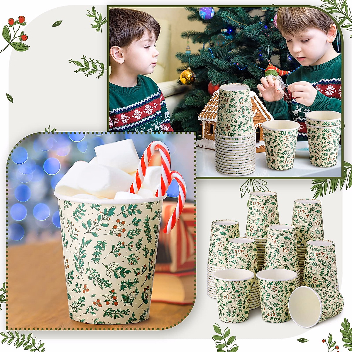 Panelee 100 Pieces 9 oz Christmas Paper Cups Christmas Holly Cups Disposable Paper Coffee Cup for Christmas Party Supplies Xmas Cups for Holidays Coffee Tea Cold Hot Drinks