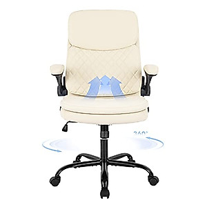 COLAMY Office Chair High Back Executive Computer Chair-Ergonomic Home Office Chair with Padded Flip-up Arms, Adjustable Height and Tilt Lock, Swivel Task Chair with Thick Leather for Comfort, Ivory