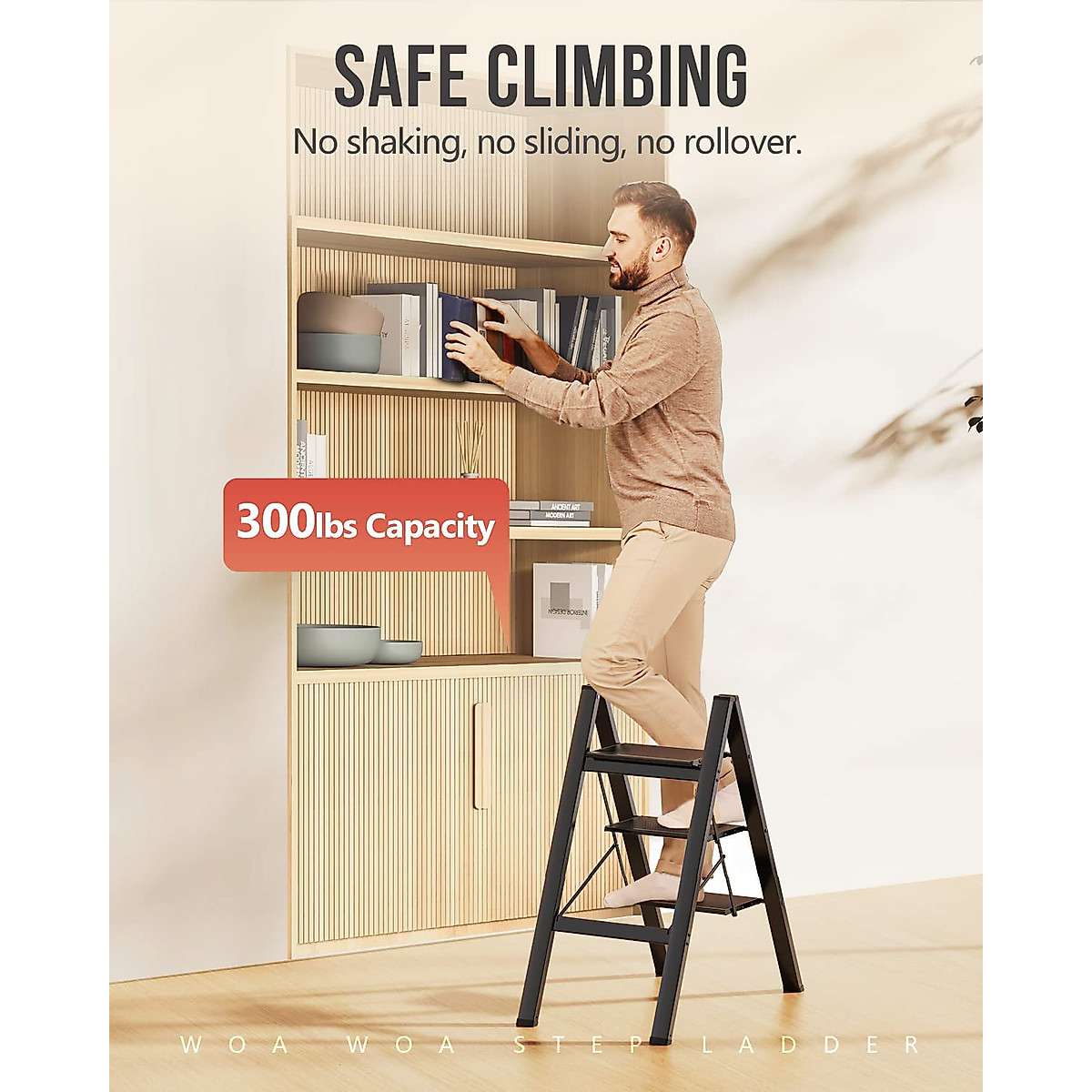 WOA WOA 3 Step Ladder, Foldable Step Stool, Aluminum Lightweight Ladder for Home Kitchen Closet, Anti-Slip Pedals, Ease of Folding, Portable, 300lbs Capacity - Black