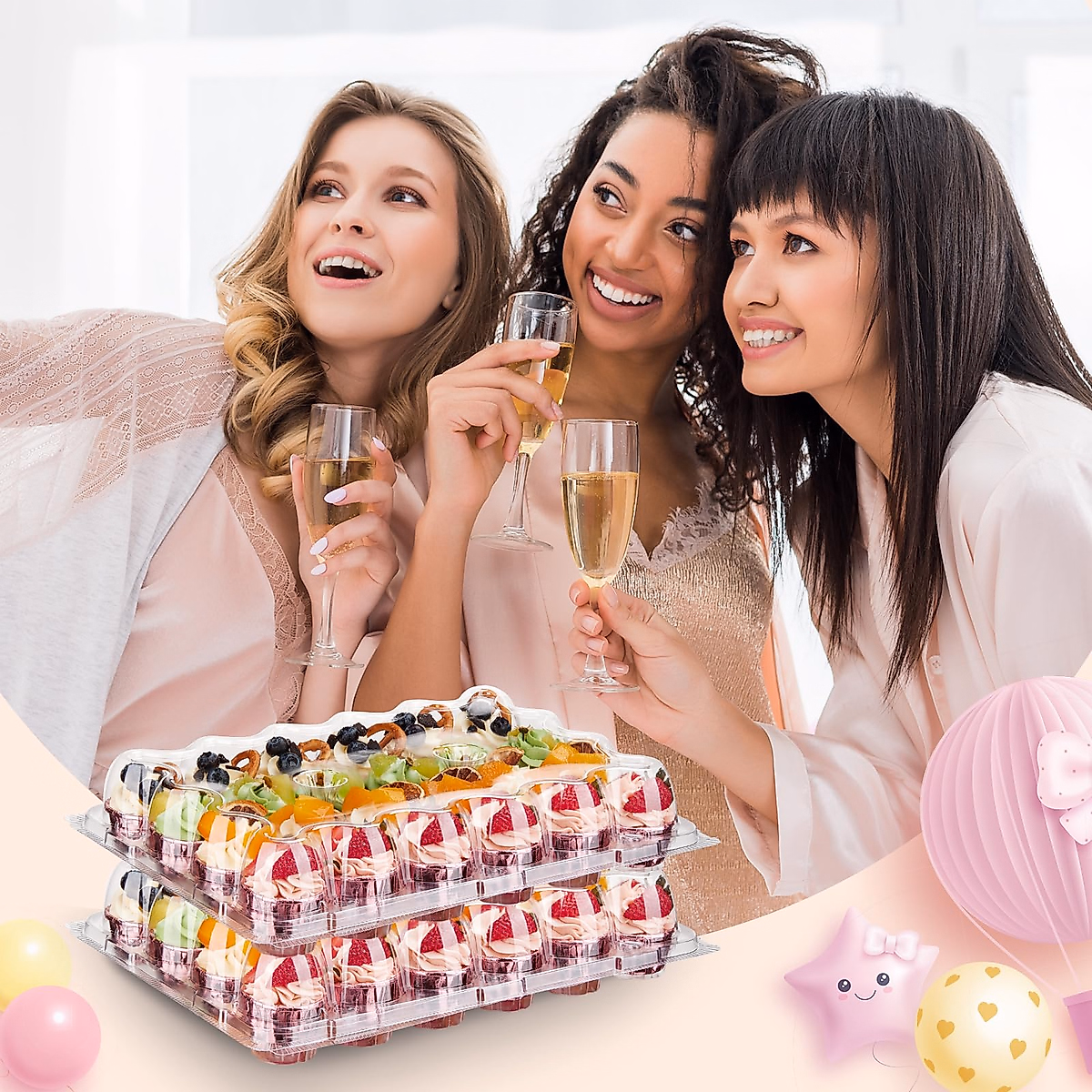 Hlukana (24 Pack x 15 Sets) Mini Cupcake Containers with 375 Pack Cupcake Liners, Plastic Cupcake Holder, Stackable Mini Cupcake Boxes Carrier, Clear Disposable Cupcake Trays, High Dome - MINI SIZE