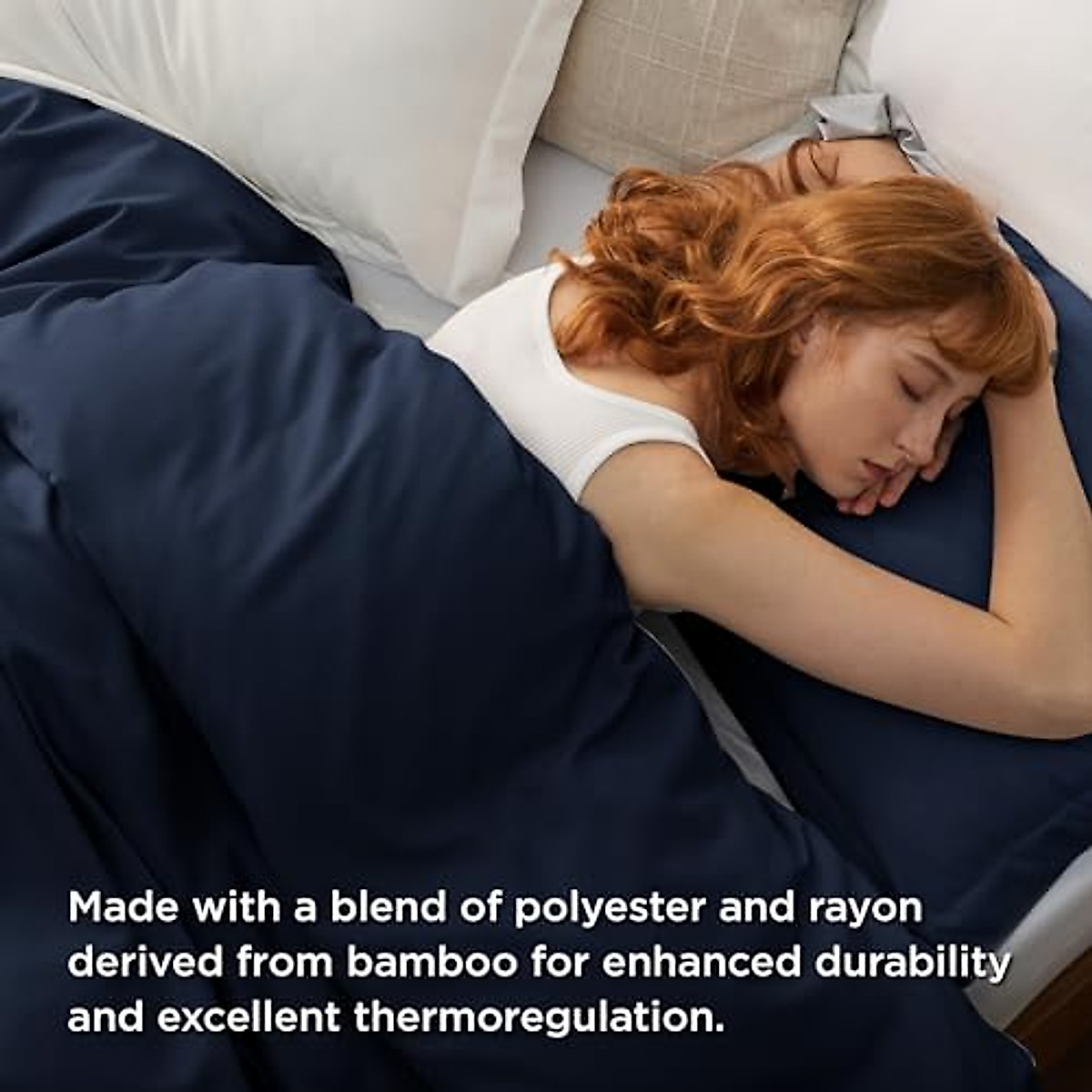 Bedsure Navy Duvet Cover Queen Size - Polyester & Rayon Derived from Bamboo Cooling Duvet Cover Set (90" x 90"), 3 Pieces with 2 Pillow Shams, Comforter Not Included