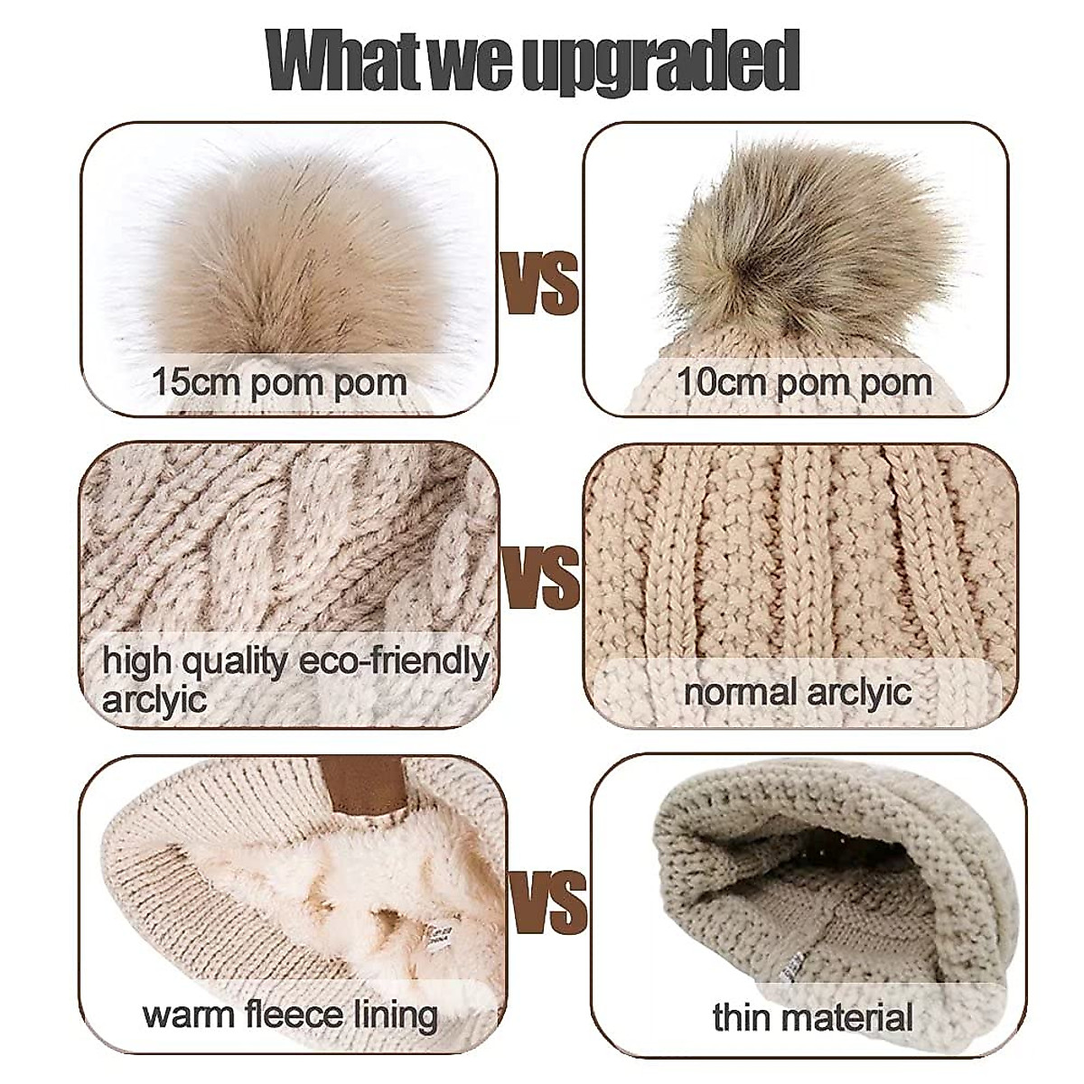 Alepo Womens Winter Beanie Hat, Warm Fleece Lined Knitted Soft Ski Cuff Cap with Pom Pom(Black+Burgundy)