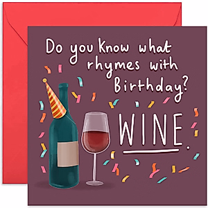 Old English Co. Rhymes with Wine Birthday Card - Funny Drink Alchohol Greeting Card for Her and Him| Birthday Wishes and Celebrations for Women and Men | Blank Inside & Envelope Included