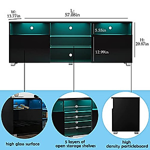 High Glossy LED Black TV Stand for 55/60/65 inch TV,Modern LED Entertainment Center with Adjustable Storage Shelves,Game Console Entertainment Center,TV Table Media Furniture (57inch, Black)