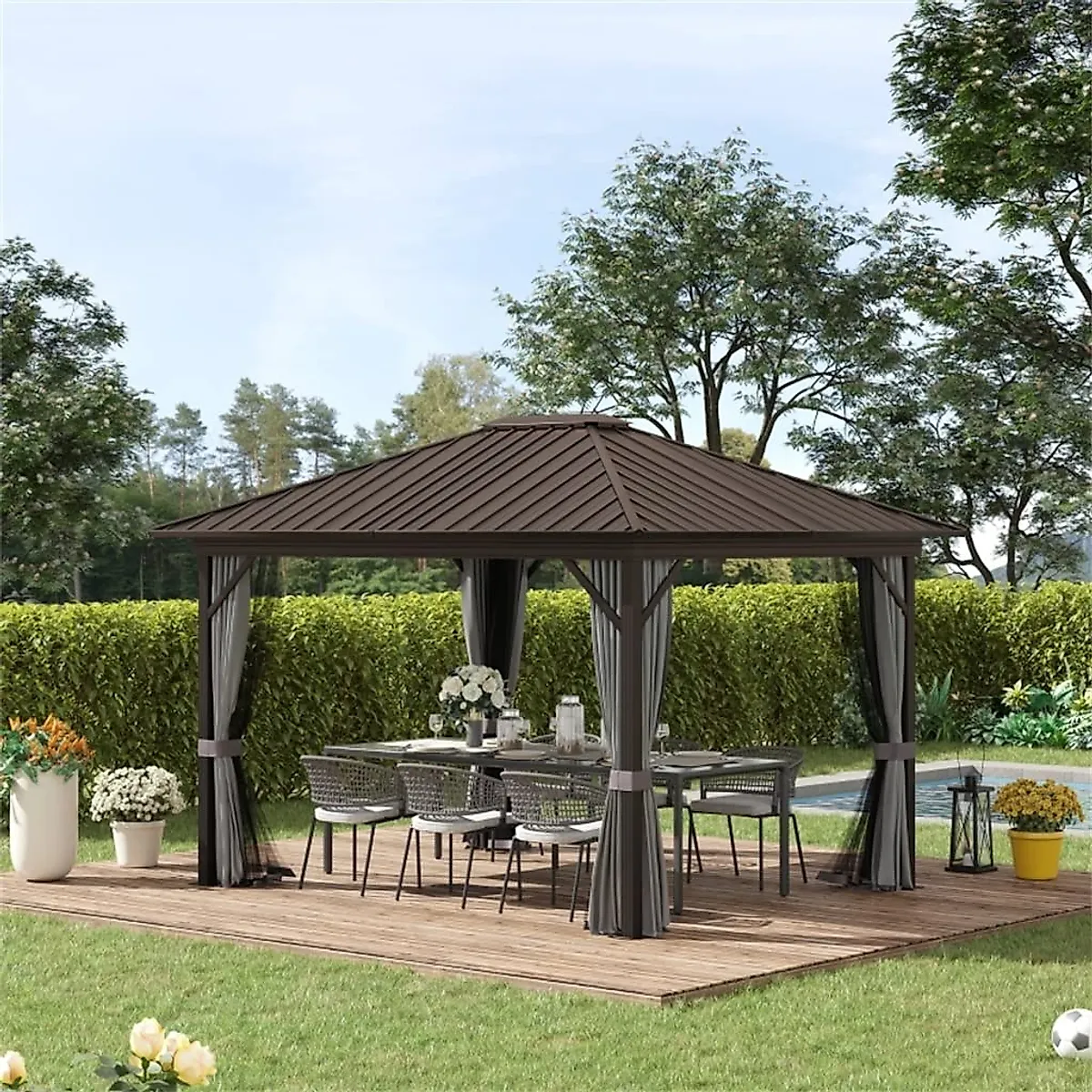TBGFPO 10' X 12' Outdoor Hardtop Gazebo with Aluminum Frame, Metal Roof Gazebo Canopy with Curtains and Netting
