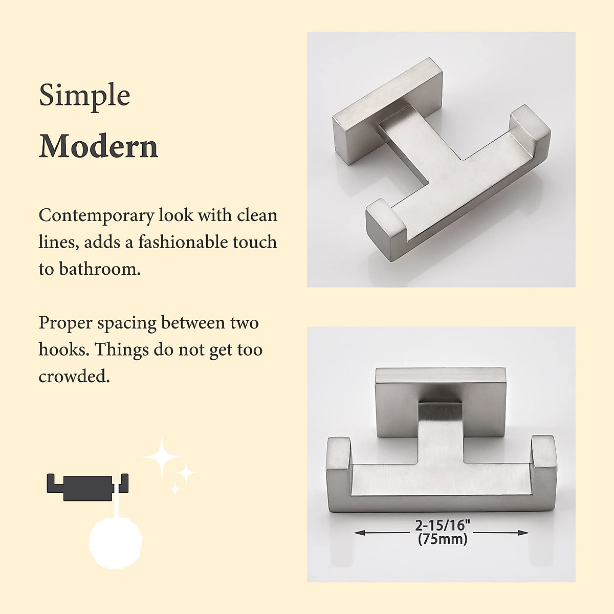 Suyar Double Bath Towel Hook, SUS304 Stainless Steel Double Robe Hook, Bathroom Kitchen Towel Hanger, Hand Towel Holder for Wall, Brushed Nickel