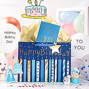 MAYPLUSS 16" Birthday Large Gift Bag with Greeting Card and Tissue Paper for Birhtday - Blue Gold Foil Candle Design