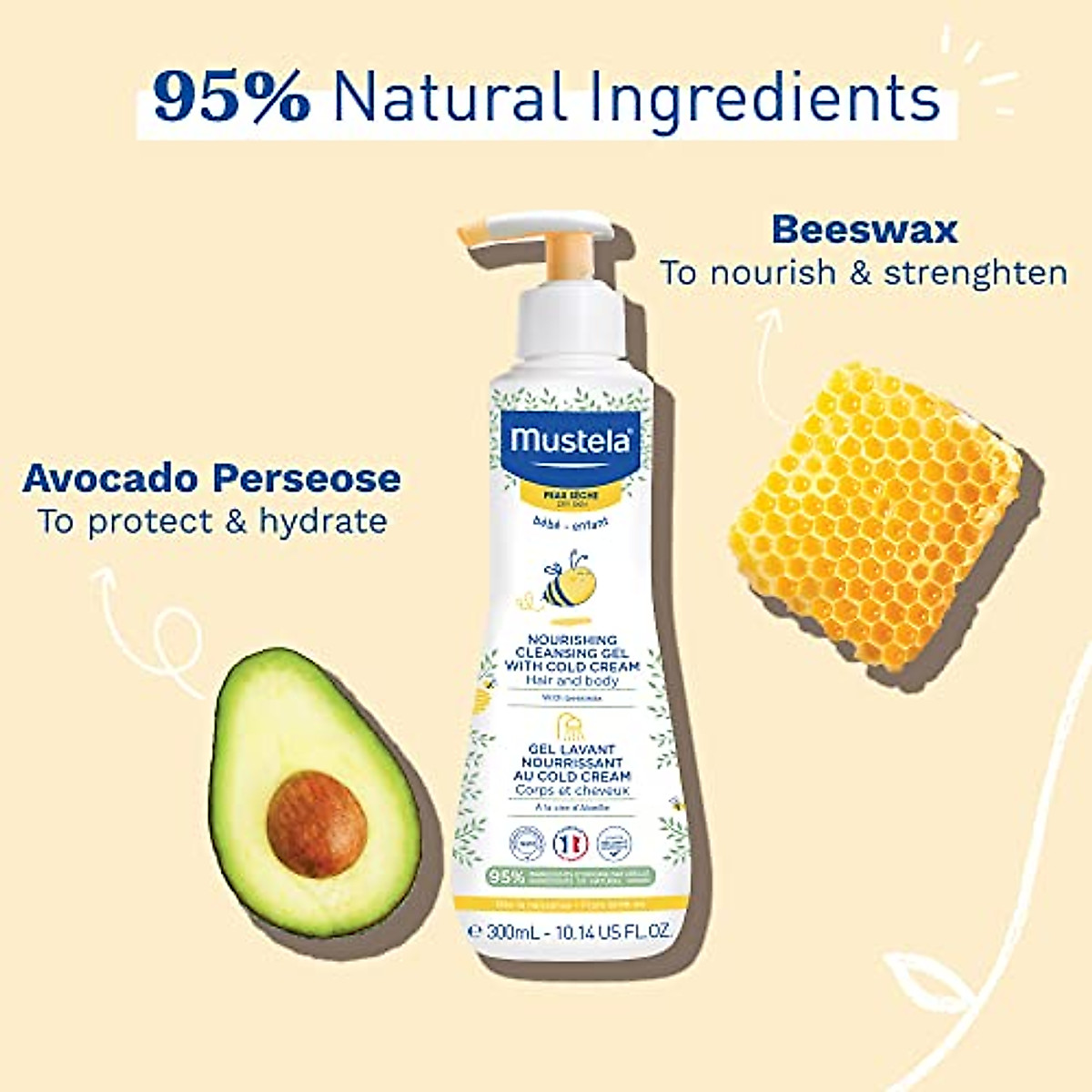 Mustela Baby Nourishing Cleansing Gel – Hair & Body Wash for Dry Skin - with Natural Avocado, Cold Cream & Beeswax - 10.14 fl. oz.