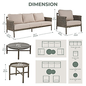 Grand patio 5-Piece Outdoor Furniture Set, Outdoor Sofa Set with 2 Round Side Tables, Modern Metal Outdoor Couch with 6-inch Thick Waterproof Cushions for Patio Porch Deck Backyard