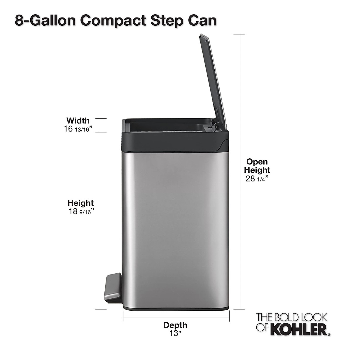 KOHLER 8 Gallon Compact Hands-Free Kitchen Step Can, Trash Can with Foot Pedal, Quiet-Close Lid, Stainless Steel, K-20942-ST