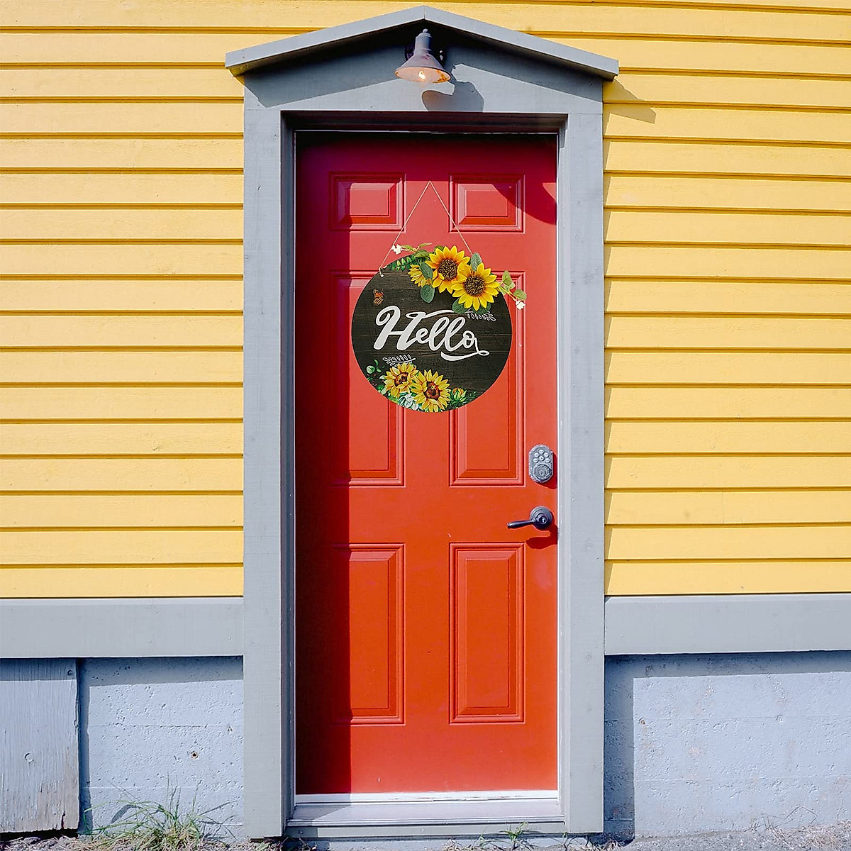 Autonomier Hello Welcome Wood Wall Hanging Sign, Colourful Sunflower Wooden Front Door Decor, Round Antique Wood Rustic Porch Decoration for Home Office Garden Farmhouse, 12 x 12 Inch（Brown）