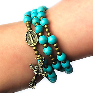 Turquoise Stone Catholic Rosary Bracelet for Women with Miraculous Medal Charm - Catholic Gifts - Rosarios Catolicos