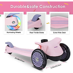 Wheelive 2 in 1 Kick Scooter with Removable Seat, 3 LED Wheels Kick Scooter for Kids, 4 Adjustable Height & Foldable Design Toddler Scooters Sit or Stand Ride for Boys & Girls 2-8 Years Old (Pink）