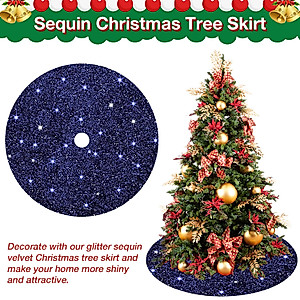 Navy Blue Sparkly Sequin Tree Skirt 36 Inches Christmas Ring Glitter Collar Blanket for Halloween 6ft Tree Navy Xmas Velvet Skirt for Home Festival Decoration