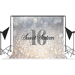 Lofaris Sweet 16 Birthday Party Backdrop Shiny (No Glitter) Silver White Bokeh Golden Spots Princess Sixteen Background Girls 16th Birthday Decorations Cake Table Banner 7x5ft