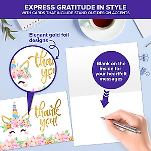 Decorably Thank You Cards with Envelopes & Stickers, Gold-Foiled Kid Cards, 24 Pack Unicorn Thank You Cards, Blank Inside Unicorn Thank You Cards Kids Birthday, 6x4in Kid Thank You Cards Kids
