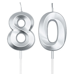 Silver 80th Birthday Candles for Cakes, Number 80 Candle Cake Cupcake Topper for Birthday Anniversary Party Decoration