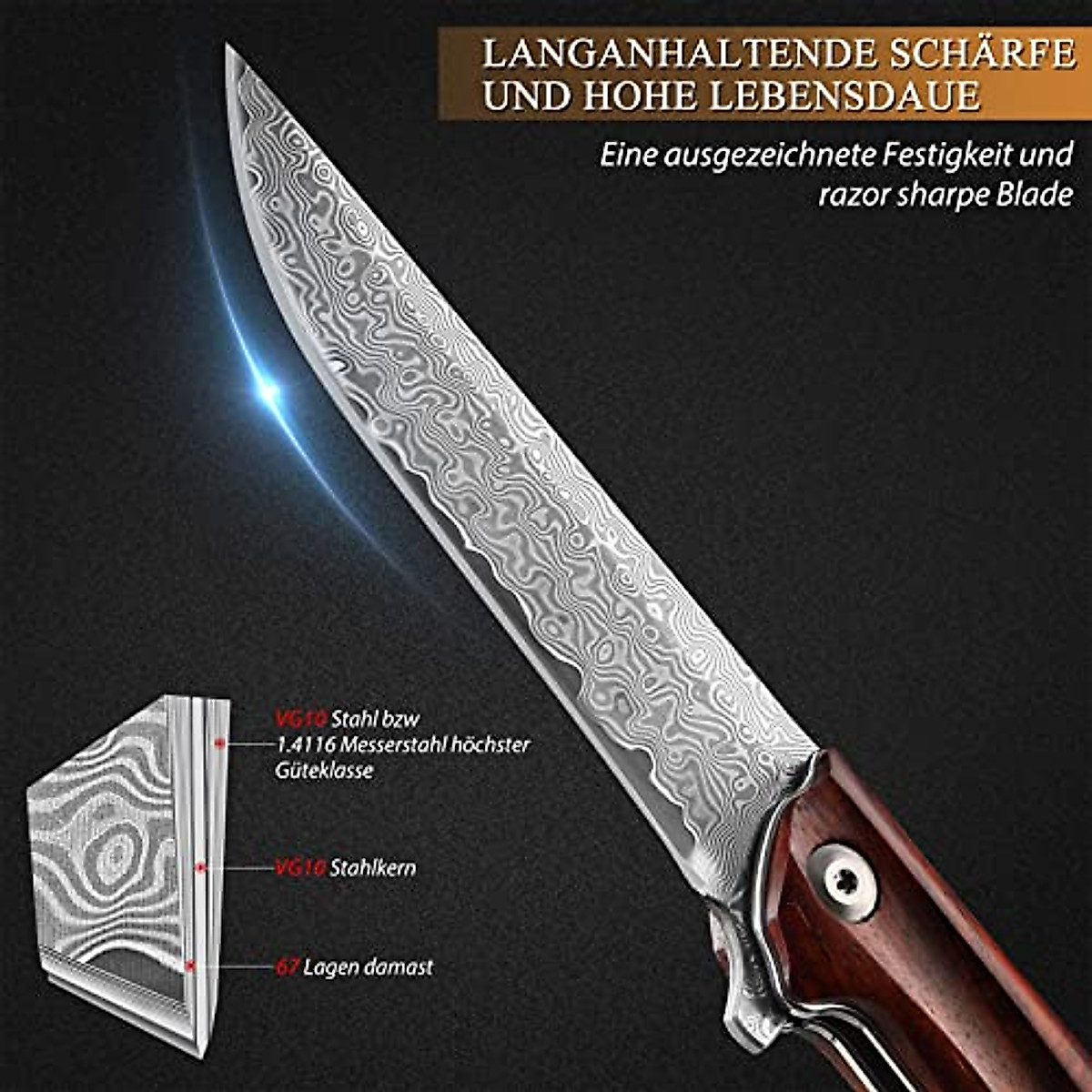 Omesio Damascus Folding Pocket Knife with Leather Sheath, Handcrafted 5-Inch Damascus Steel Hunting Knife with Vg10 Core, Wooden Handle, EDC Japanese Knife with Liner Lock for Outdoor Survival Camping