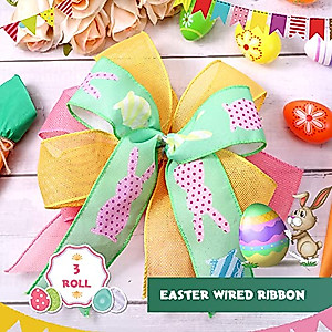 3 Rolls 30 Yards Easter Bunny Wired Edge Ribbons 2.5 Inch Decorative Wired Ribbons Easter Pastel Spring Fabric Ribbon Colorful Party Decorations for DIY Craft Wreath Gift, Pink, Yellow, Green