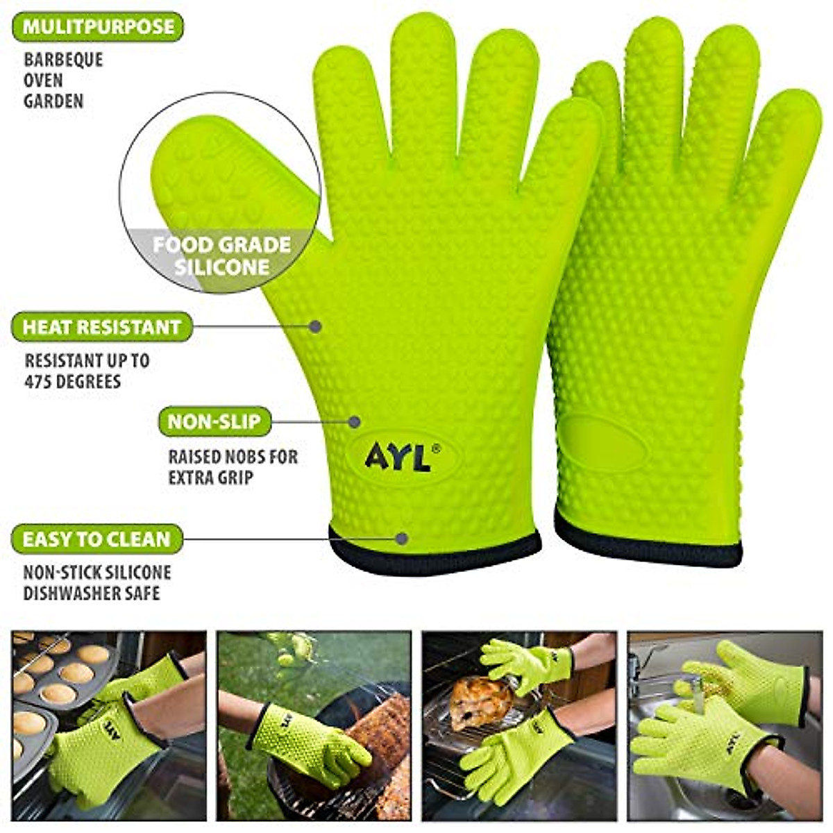 AYL Grilling Gloves, Heat Resistant Gloves BBQ Kitchen Silicone Oven Gloves, Safe Handling of Hot Food, Pots and Pans for Barbecue, Cooking, Baking - Internal Protective Cotton Layer