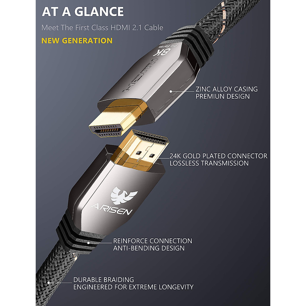 HDMI 2.1 Cable, Ultra High Speed 48Gbps 8K HDMI Cable 8ft, ARISEN 4K120 8K@60Hz Heavy Duty Braided HDMI Cord eARC HDR10 Compatible with RTX 3090 3080 PS5 4K TV Xbox Series X UHD TV Laptop