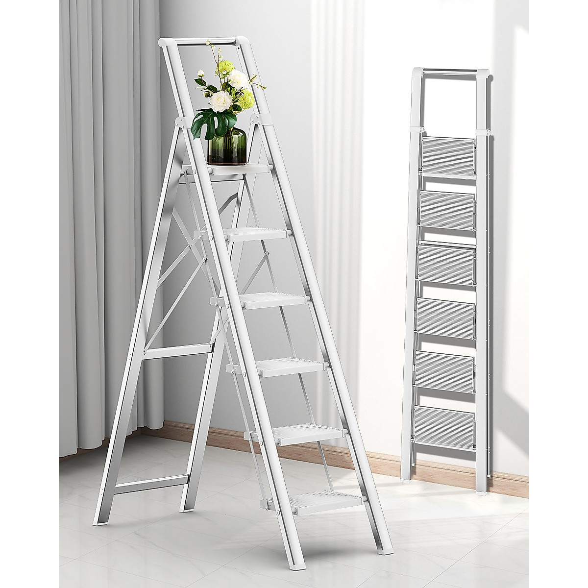 COROCO 6 Step Ladder for 12 Feet High Ceiling, Folding Step Stool with Handgrip and Anti-Slip Wide Pedal, Portable Lightweight Aluminum Stepladder for Kitchen, Home (300 lbs Capacity) - White