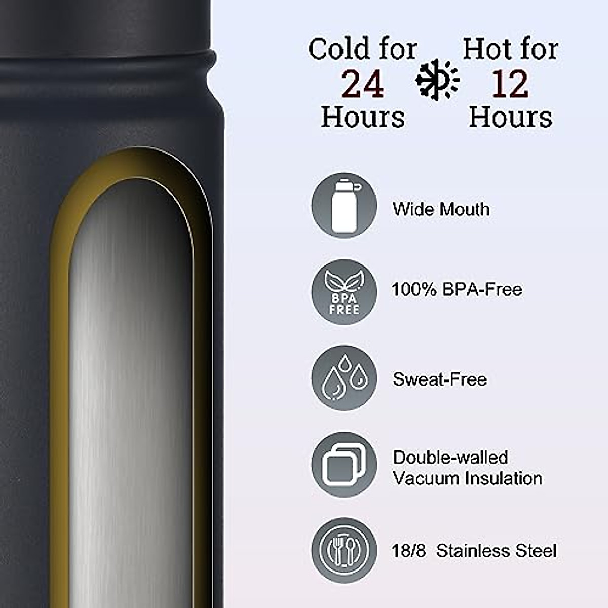 Mininoo 24 oz Insulated Water Bottle with Straw, Stainless Steel Double Wall Vacuum Thermos with Straw Lid & Chug Lid, Leak Proof, BPA Free, Keep Cold for 24H & Hot for 12H(Black)