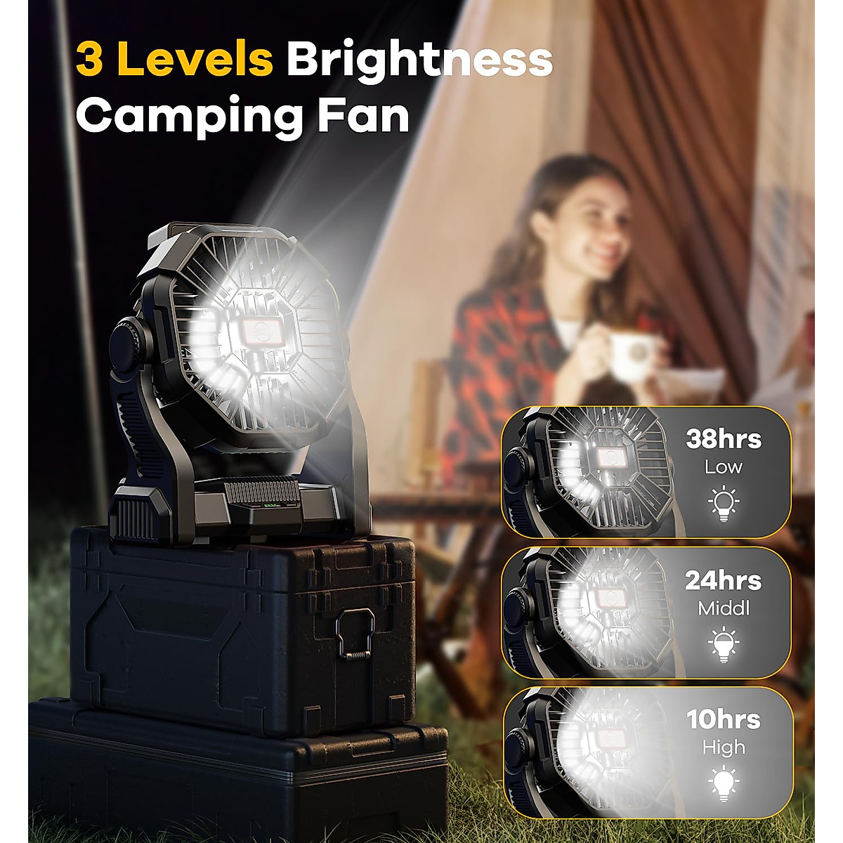 DOWILLDO Camping Fan with LED Lantern, 10400mah Portable Battery Operated Outdoor Fan, Personal Rechargeable Fan for Travel, Hiking, Fishing, Picnic (Black)