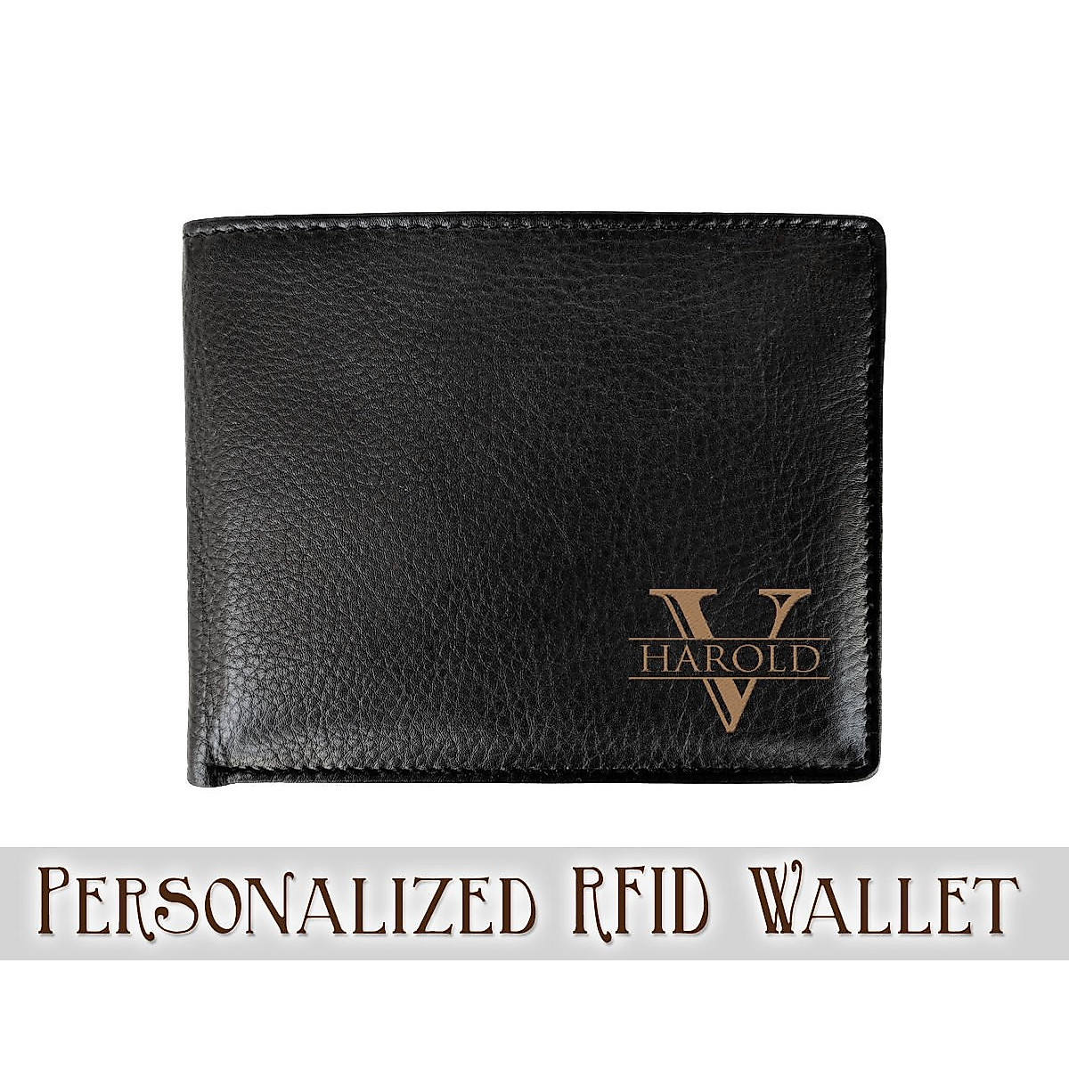 Corner Monogram Initial Engraved Personalized One Black Wallet Personalized Men's Bifold Leather RFID Blocking Wallet for Groomsman Best Man Wedding Party Gift