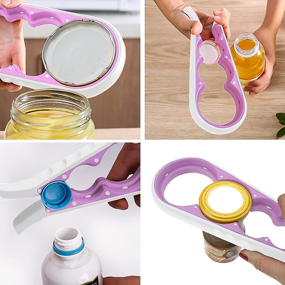 Jar Opener Set for Weak Hands - Jar Opener for Seniors with Arthritis, and 5 in 1 Bottle Opener, With 3 PCS Multi-Function Non Slip Rubber Jar Opener Gripper Pad Of Different Size in White and Purple