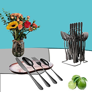 HYCSC Silverware Sets with Holder, Premium Stainless Steel Tableware Set, Mirror Polished Flatware Cutlery Set - Include Knife, Fork and Spoon, Dishwasher Safe, Nice Family Utensil Gift Set (Black)
