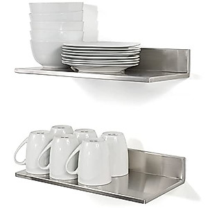 Wallniture Plat 15.8" Kitchen Floating Shelves and 30.75" Steel Shelves Bundle Restaurant Bar Cafe & Home Kitchen Organization Silver