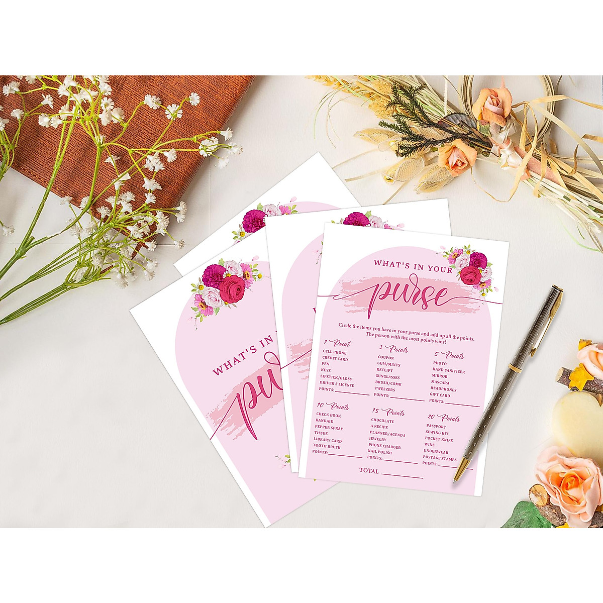 Pink Floral What's In Your Purse Game for 30 Guests with Game Cards, Hot Pink Floral Bridal Shower Game, Modern Bridal Shower Decorations, Wedding Shower or Bachelorette Party Supplies - 01