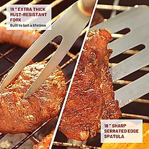 MAGIC FLAME 18'' BBQ Grill Accessories, Heavy Duty 5 Pcs Grilling Tools, Extra Thick Stainless Steel Grill Utensils Set Gift with Spatula Fork Cleaning Brush Tong BBQ Set for Outdoor Camping Grilling