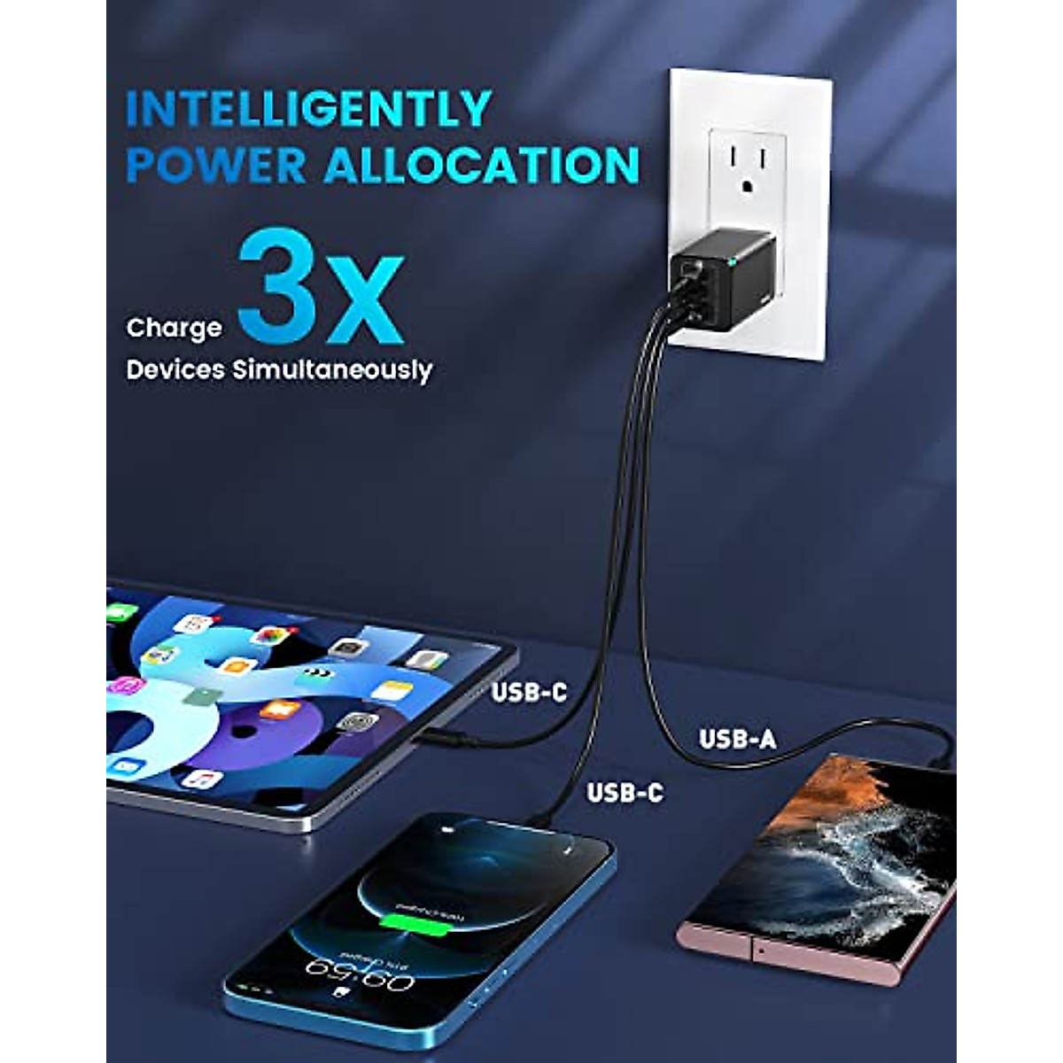 Baseus USB C Charger, 65W 3 Port Foldable USB C Wall Charger, Fast PD GaN Charger for iPhone 14/14 pro/13 Pro/13 Pro Max/SE/Mini/11/XR/XS, Steam Deck, Samsung S22+/S22, MacBook, iPad, Pixel 6, Black