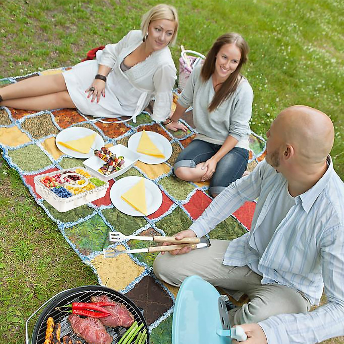 AYangrise 8-Compartment Divided+4 compartments for draining water Divided Clear Food Storage Container with Lid and Handle - Versatile Snack Tray for Refrigerator, Party, Travel, and Picnic