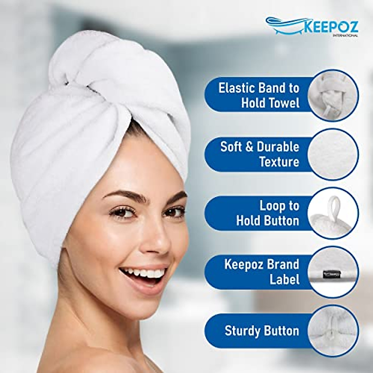 KEEPOZ Hair Towel Wrap Quick Dry 100% Cotton Super Absorbent Turban Head Wrap for Women with Button, Non Microfiber Anti Frizz Hair Products, Hair Cap for Curly, Long & Thick Hair (1Pc)(White)