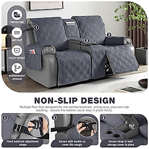 TAOCOCO Loveseat Recliner Cover with Console, Non-Slip Split Reclining Pet Cover for Dual Loveseat Recliner, Furniture Protector with Elastic Straps (2 Seater, Dark Grey)
