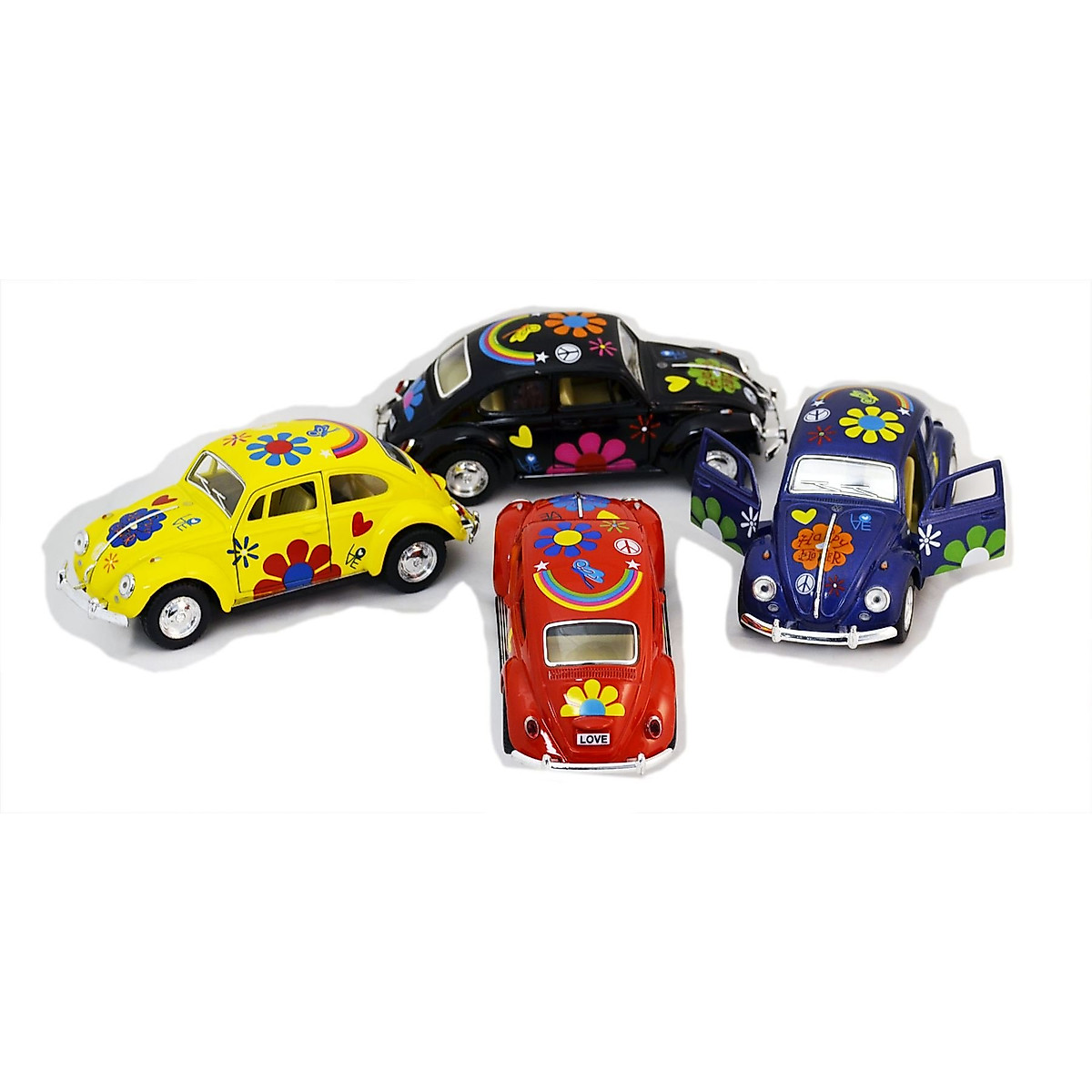 Diecast Cars-Set of 4 Cars: 5 VW Happy Flower Classic Beetle 1/32 Scale, Pull Back n Go Action. by Kinsmart