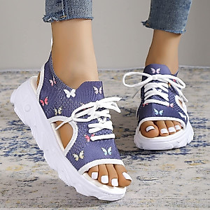 Mmoneyake Sandals for Women Open Toe Sports Sandals Hollow Out Platform Sandals Hike Easy Breathable Outdoor Slip-On Sneakers Fabric Lace Up Front Sandals Breathable Mesh Lightweight Shoes