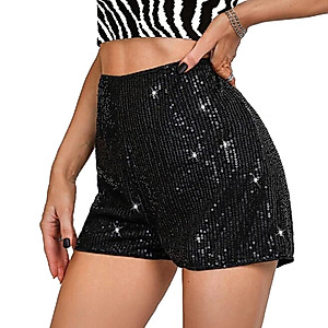 TRCKPOL High Waisted Sequin Shorts for Women Elastic Straight Leg Sparkly Glitter Party Shorts Black
