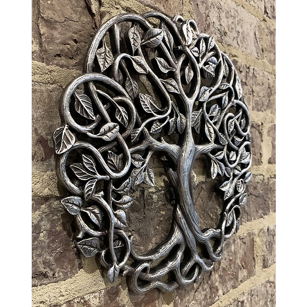 Top Brass Tree of Life Wall Plaque 11 5/8 Inches Decorative Celtic Garden Art Sculpture - Antique Silver Finish