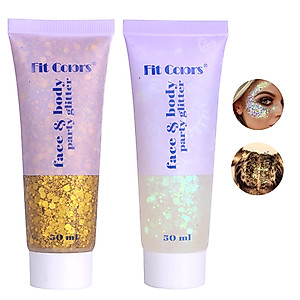 Face Glitter Gel,Body Glitter Gel,Chunky Glitter for Face Body Hair Nails Eyeshadow Holographic Cosmetic,Festival Glitter Makeup,50ml (#06 White + #02 Gold)