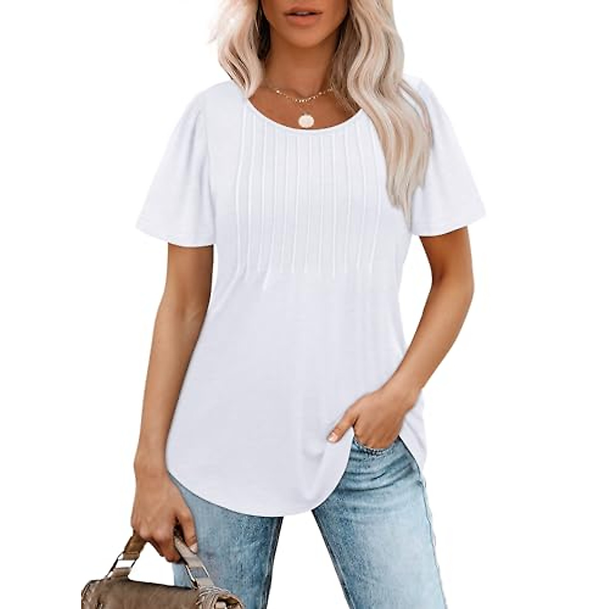 Womens Tops Dressy Casual Trendy Pleated Short Sleeve Summer Shirts White XXL