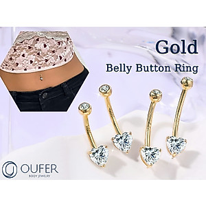 OUFER Gold Belly Button Rings, 14K Solid Gold Heart Shaped Belly Rings, Internally Threaded Belly Button Piercing, Clear CZ Belly Piercing Jewelry, Navel Rings-10MM