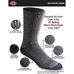 Dickies Men's Dri-tech Moisture Control Crew Socks Multipack, Heathered Colored (6 Pairs), Shoe Size: 6-12