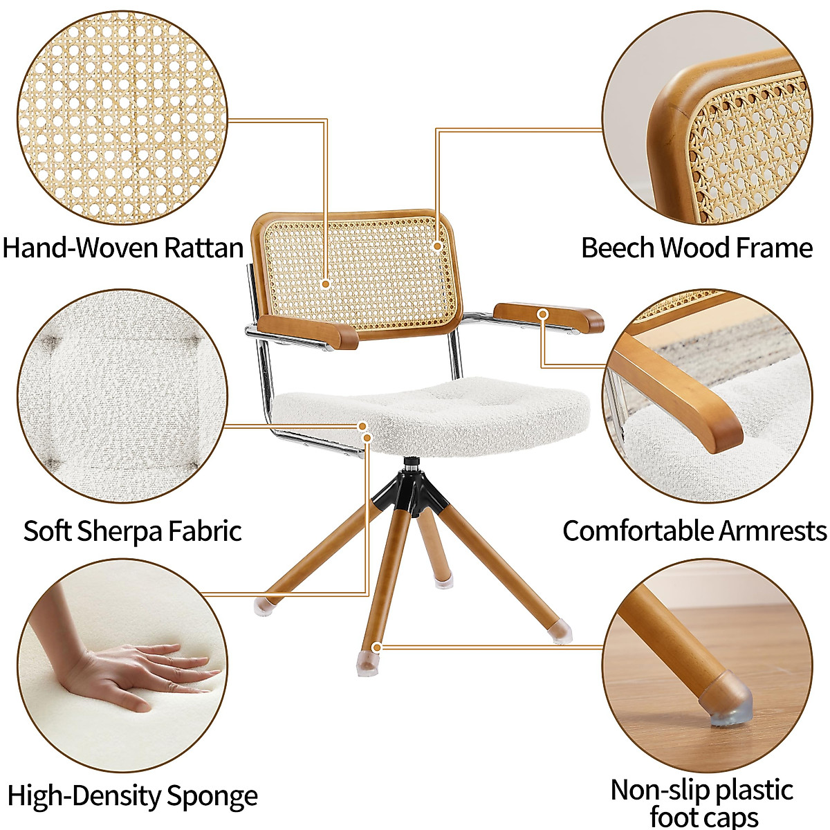 Art Leon Rattan Desk Chair, Mid Century Modern Swivel Accent Chair No Wheels, Fabric Upholstered Office Chair with Wood Legs, Armchair with Rattan Back for Home Office Living Room Bedroom, Off White